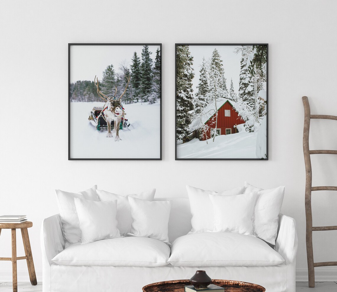 Set of 2 Winter Prints Christmas Decor Reindeer Poster Log Cabin Print ...