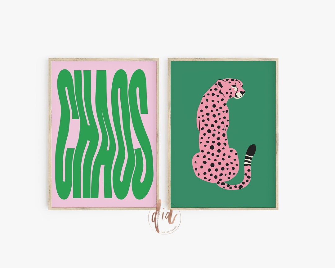 Preppy Wall Art Print Set of 2, Pink Green Leopard Poster, Chaos Poster ...