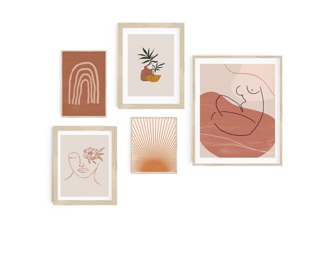 Abstract Set of 5 Prints Terracotta Print Mid Century Modern Wall Art ...