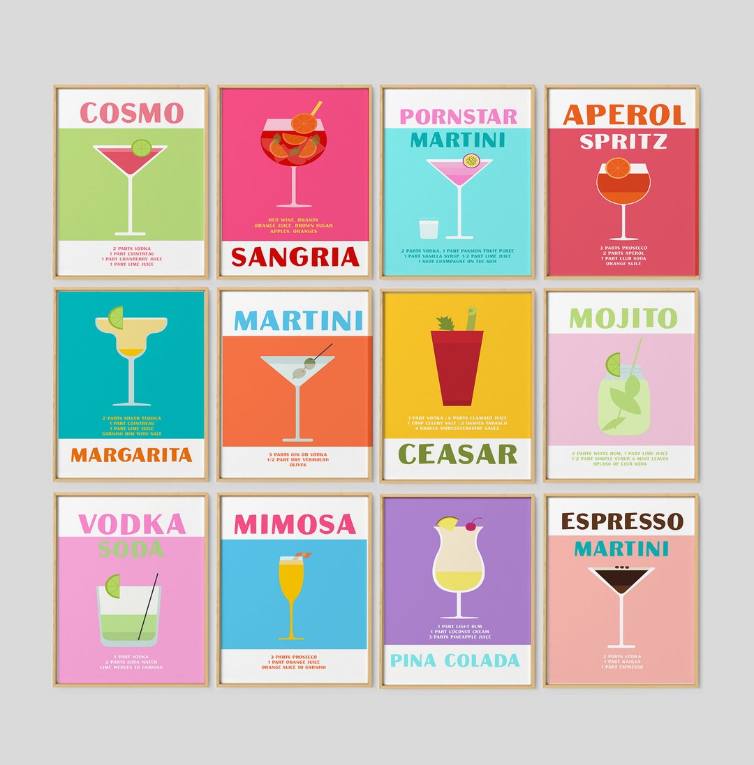 Cocktail Poster Set, Liquor Poster, Preppy Wall Art, Bright Preppy Room ...