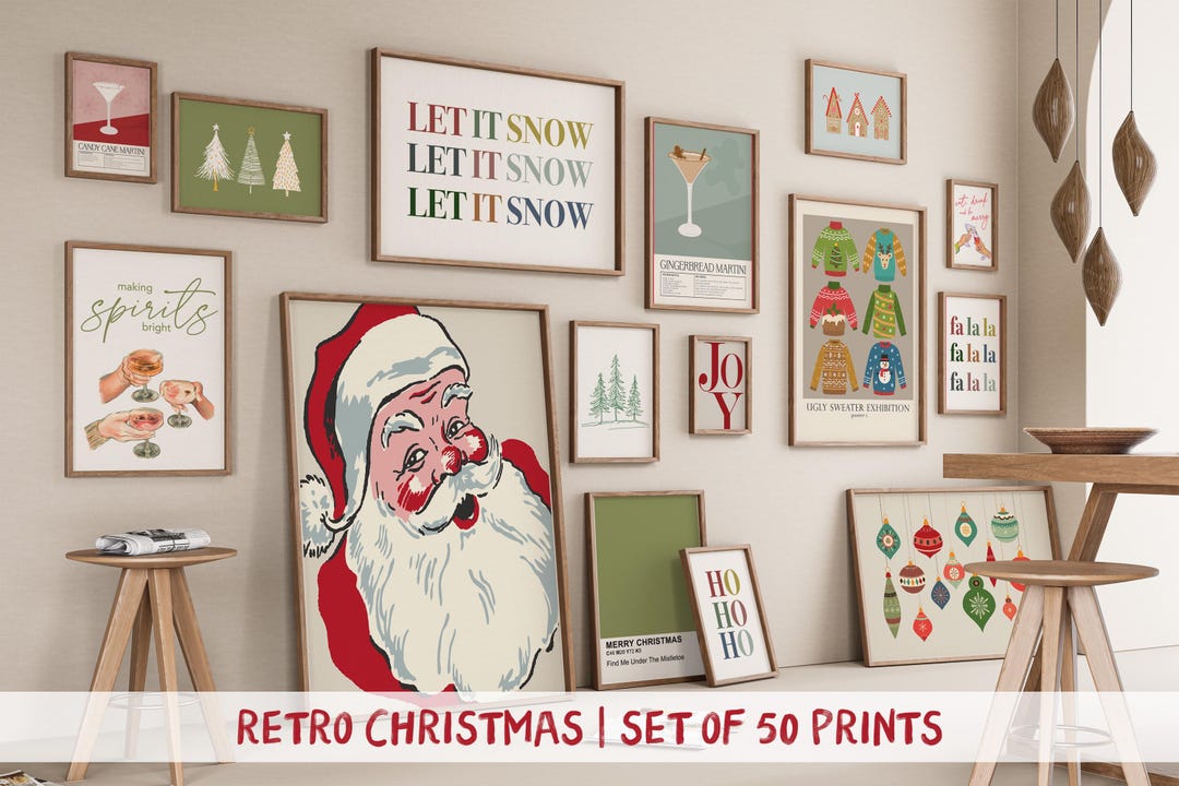 Retro Christmas Prints Printable Poster Bundle Set of 50 Trendy Xmas ...