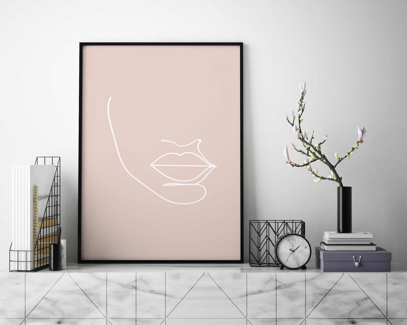 Blush Pink Line Art Face Illustration Fashion Print Bedroom - Etsy