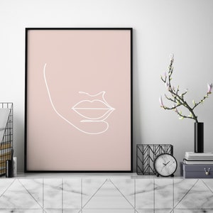 Blush Pink Line Art Face Illustration Fashion Print Bedroom Decor ...