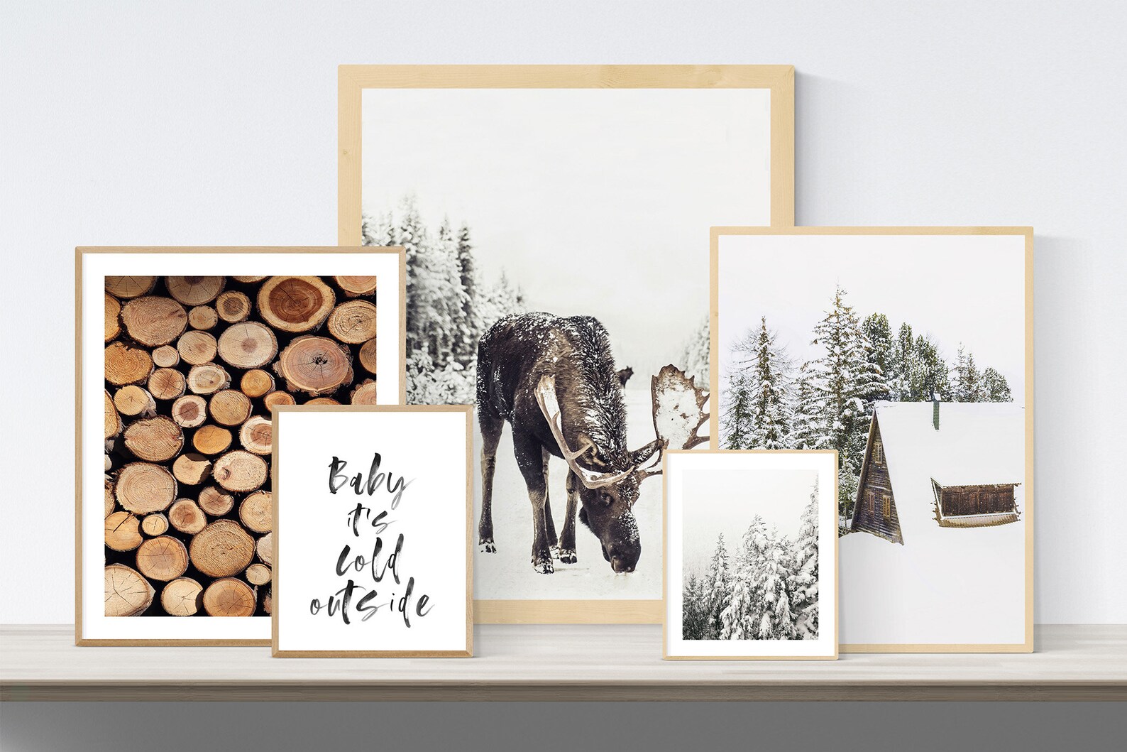 Winter Print Set of 5 Prints Moose Log Cabin Printable Art | Etsy