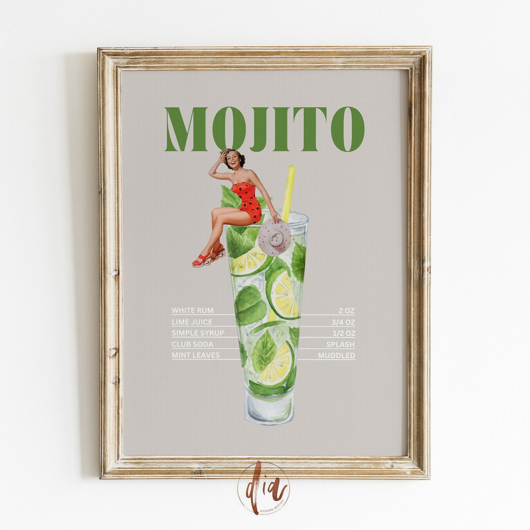 Mojito Cocktail Print, Retro Bar Cart Wall Art, Vintage Cocktail ...
