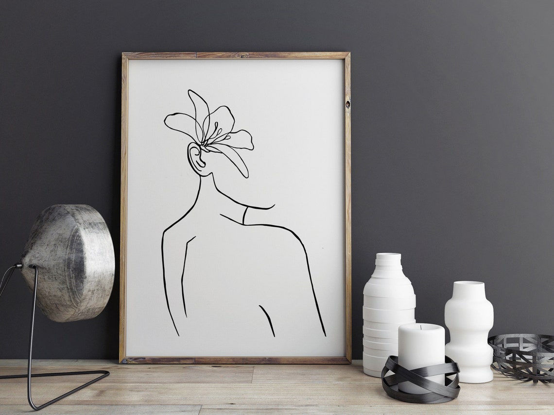 Female Body Line Art Print Flower Line Drawing Minimalist Print Modern ...