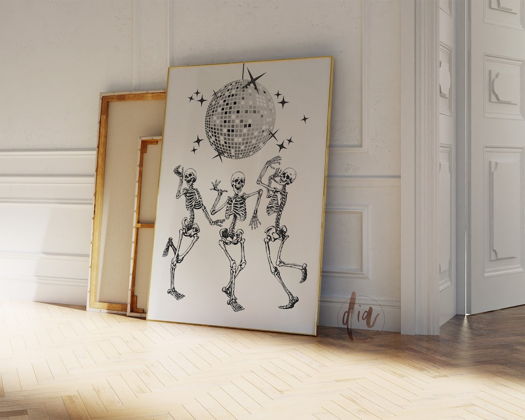 Halloween Skeleton Print, Disco Ball Wall Art, Dancing Skeletons ...