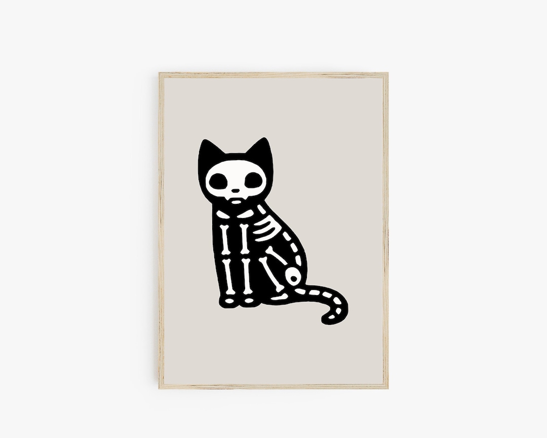 Skeleton Cat Poster Print, Black Cat Wall Art, Halloween Decor ...