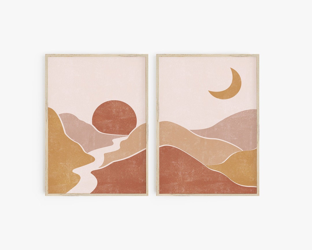 Sonne Mond Abstrakte Landschaft Print Set 2 Drucke Boho Dekor Mid Century Modern Rosa Terrakotta ...