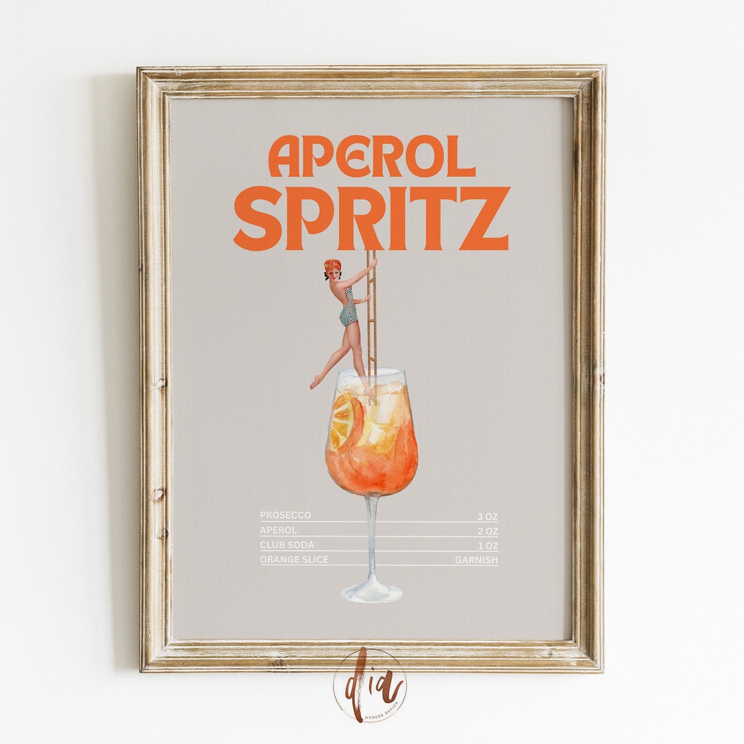Aperol Spritz Cocktail Print, Retro Bar Cart Art Print, Cocktail ...