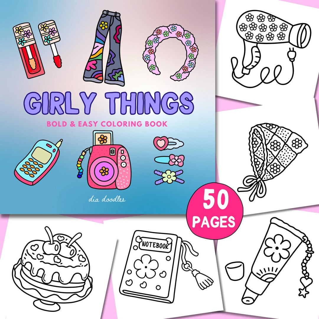 Girly Coloring Pages, Coloring Book for Adults and Kids, Bold Easy ...