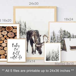 Winter Print Set of 5 Prints Moose Log Cabin Printable Art Woodland ...