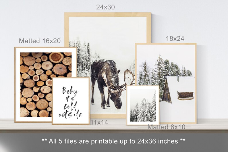 Winter Print Set of 5 Prints Moose Log Cabin Printable Art Woodland ...