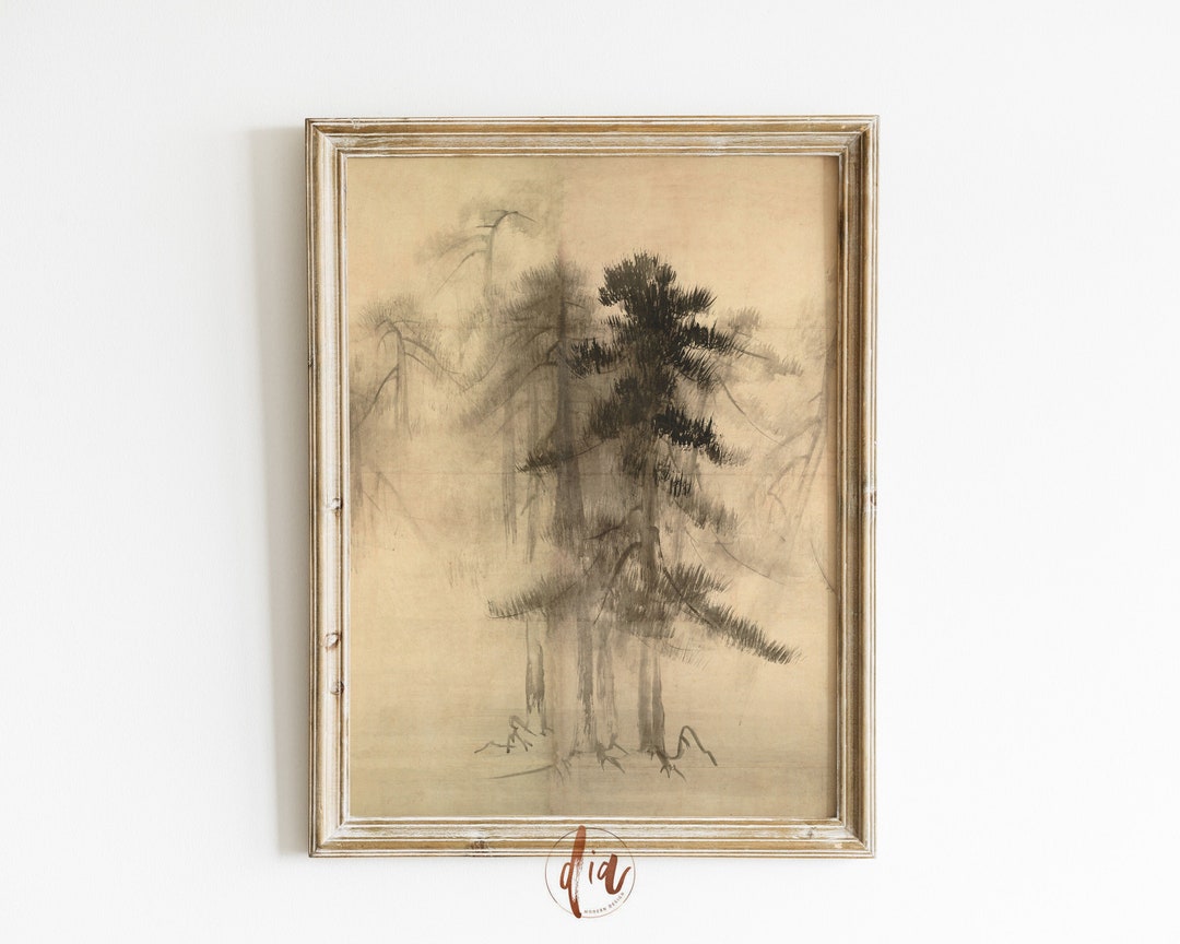 Antique Pine Tree Drawing, Japandi Vintage Tree Sketch, Japanese ...