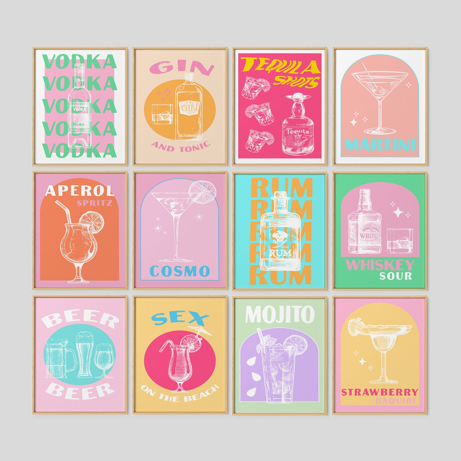 Cocktail Poster Set of 12 Preppy Room Decor Colorful Bar - Etsy