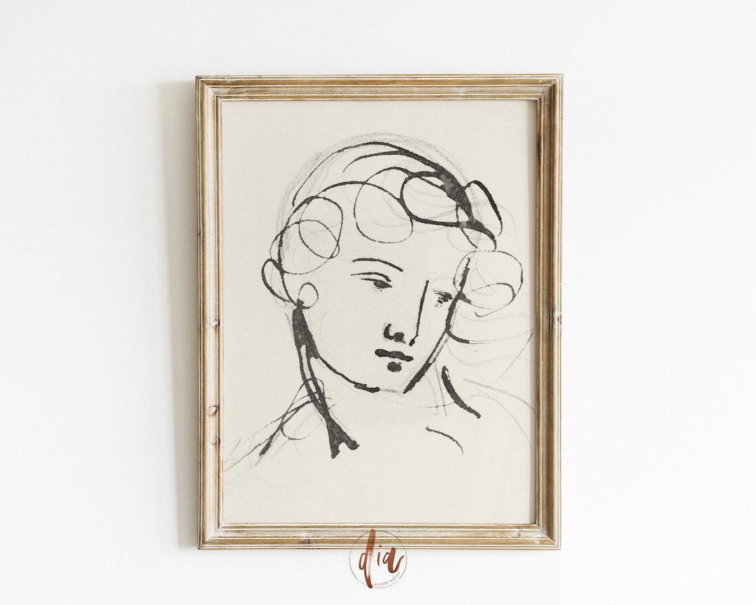 Vintage Portrait Sketch, Female Face Ink Drawing, Antique Line Art ...