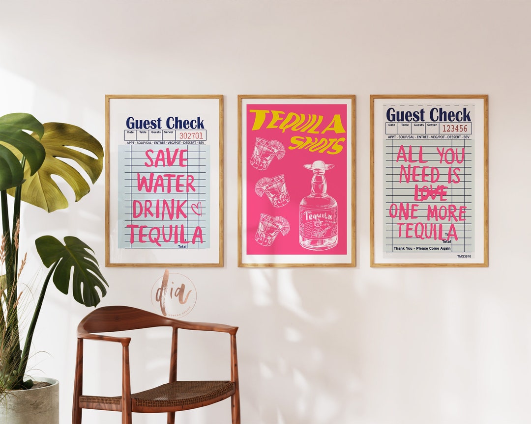 Tequila Shots Poster Print Set, Hot Pink Retro Cocktail Poster, Preppy ...