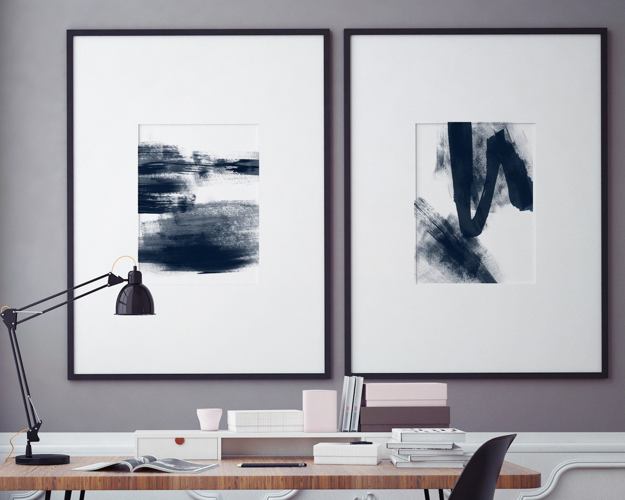 Indigo Blue Abstract Wall Art Set of 2 Prints Navy Watercolor | Etsy