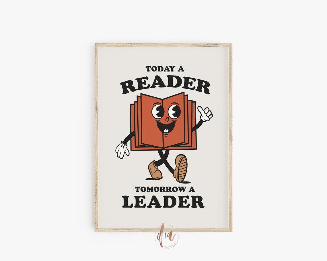 Classroom Wall Art, Reading Poster, Retro Book Cartoon Mascot Character ...