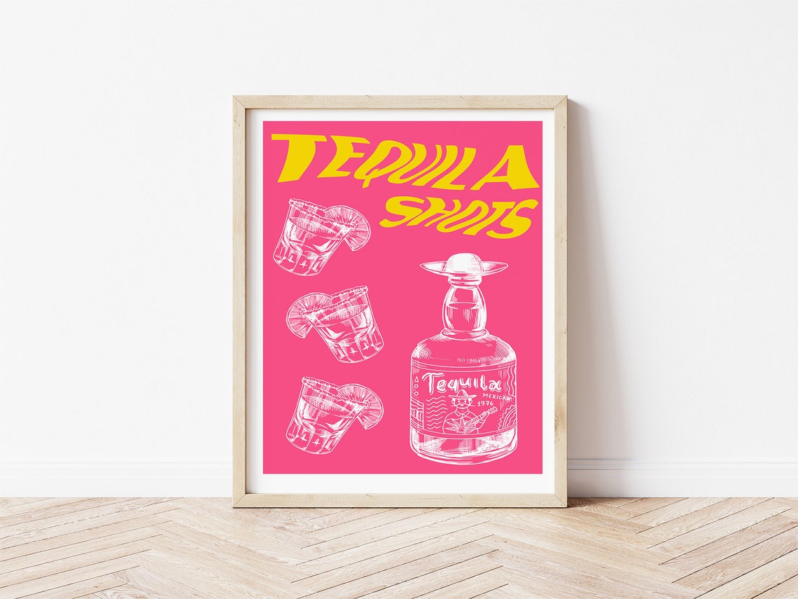 Tequila Shots Poster Print, Maximalist Decor, Hot Pink Retro Cocktail ...