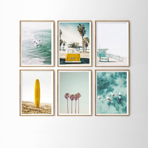 Coastal Wall Art Set of 6 Prints Pink Surfboard Surf Poster - Etsy