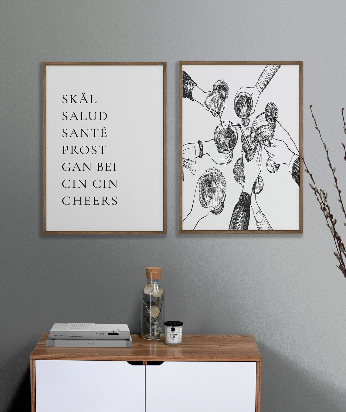 Cheers Printable Poster Set of 2 Cheers Sign Bar Cart Print | Etsy