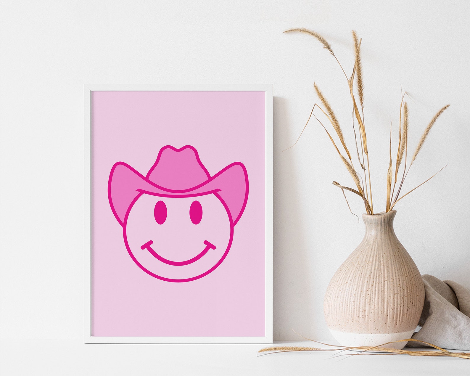 Pink Western Smiley Face Poster Print, Hot Pink Smiley Face With Cowboy ...