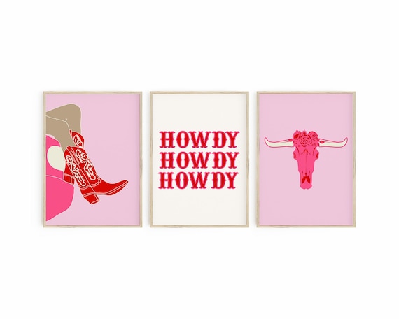 Preppy Western Poster Set Pink Red Wall Art Prints Howdy - Etsy