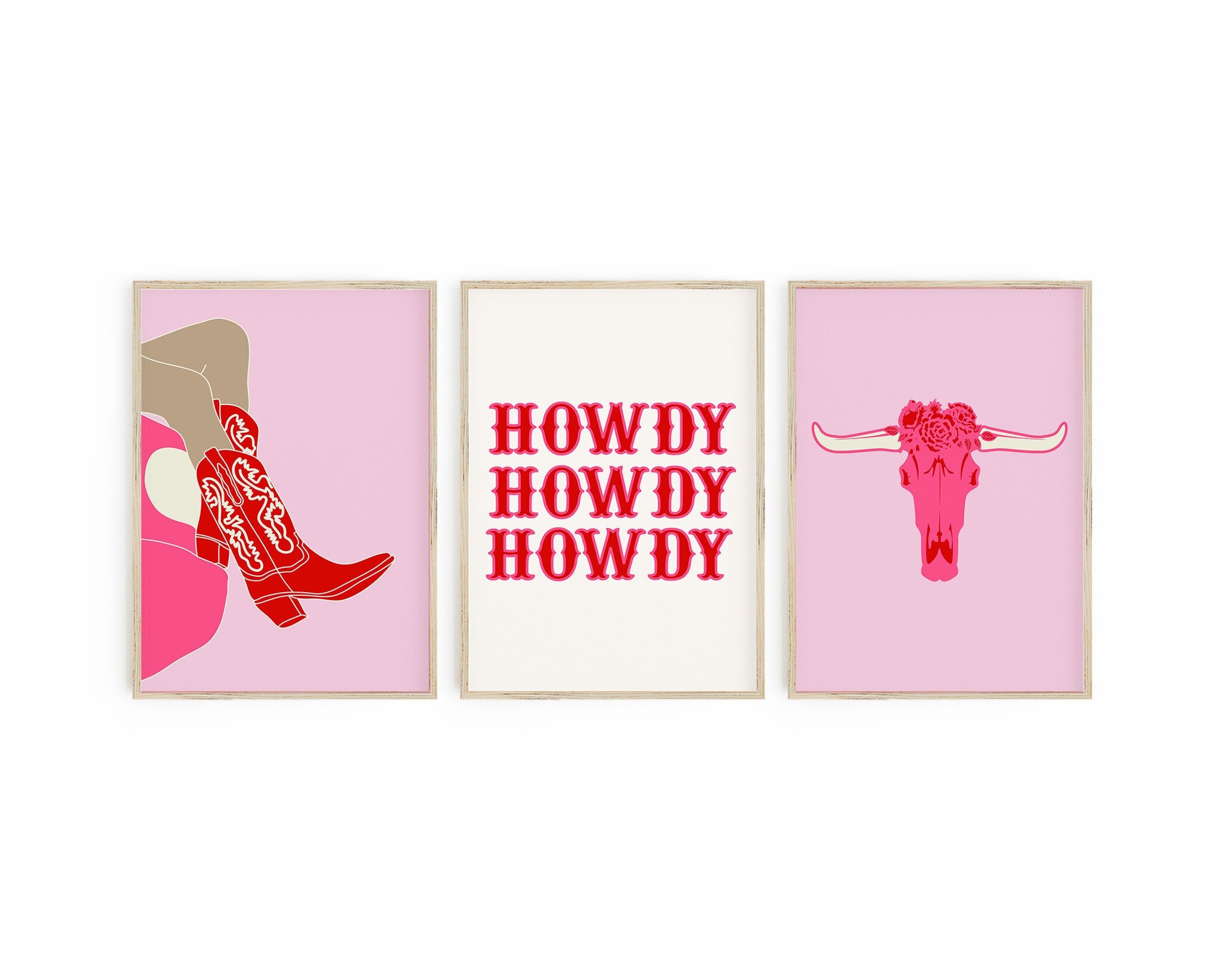 Preppy Western Poster Set Pink Red Wall Art Prints Howdy - Etsy