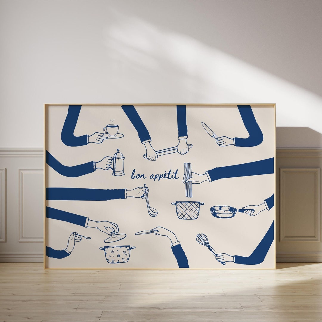 Retro Kitchen Print Navy Blue Chef Food Digital Print, Bon Appetite ...