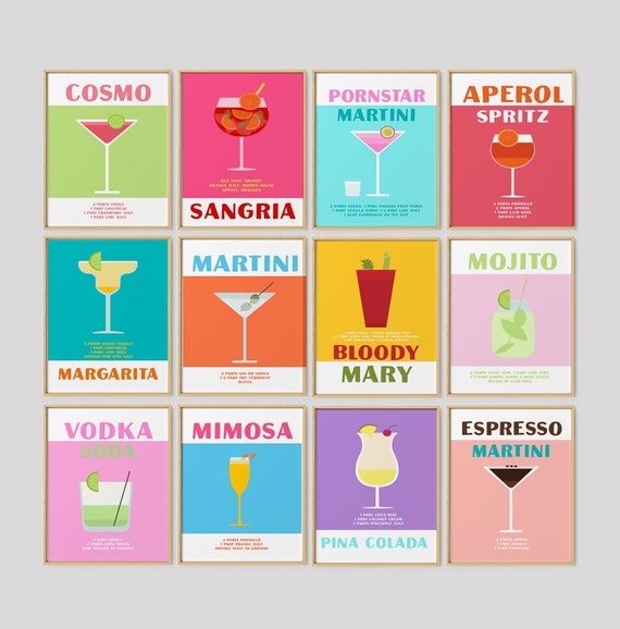 Liquor Poster Set Preppy Room Decor Cocktail Poster Bundle | Etsy
