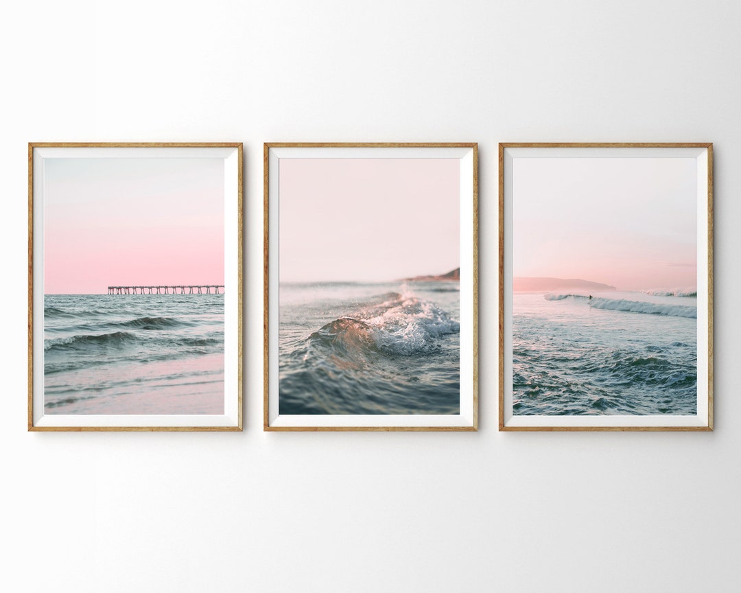 Ocean Print Set of 3 Prints Gallery Wall Set Beach Print Ocean Art Large Wall Art Set Pink Wall ...