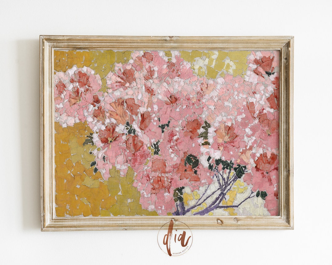 Vintage Abstract Pink Flowers Painting, Vintage Art Print, Colorful ...
