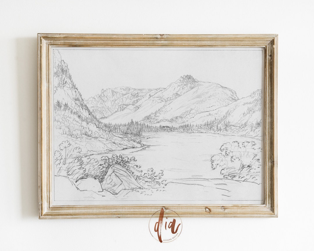 Vintage Landscape Drawing, Valley Sketch, Antique Landscape Sketch ...