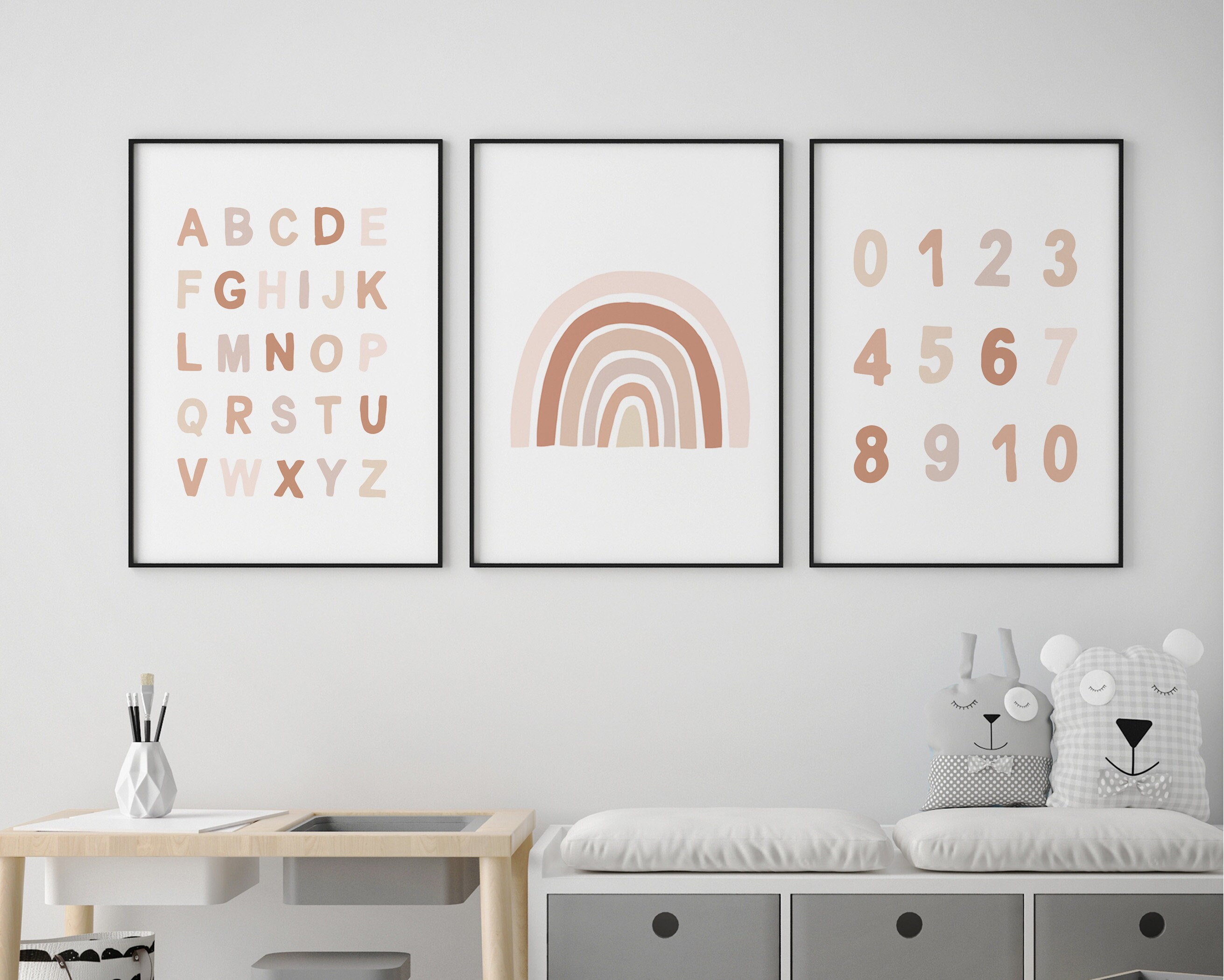 Neutral Rainbow Wall Art Set of 3 Prints Muted Alphabet Poster Gender ...