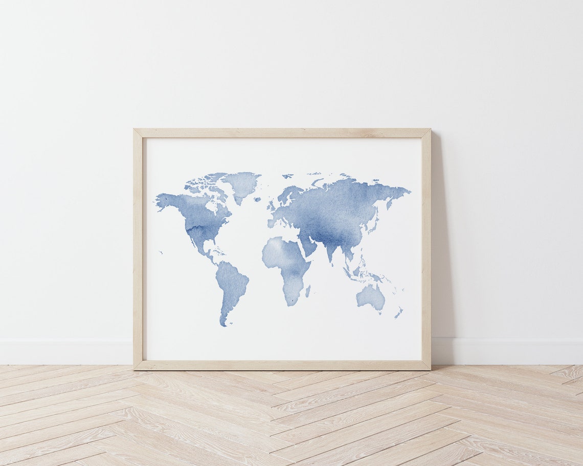 Navy Blue World Map Print Watercolor Print Printable Map Boy | Etsy