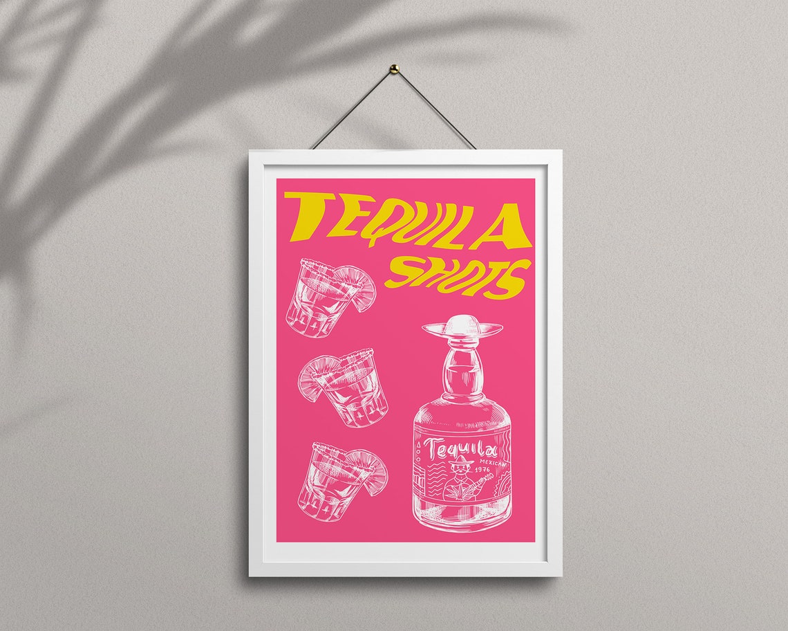 Tequila Shots Poster Print, Maximalist Decor, Hot Pink Retro Cocktail ...