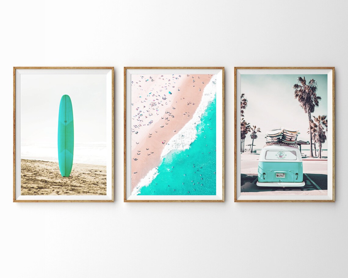 Turquoise Beach Poster Set of 3 Prints California Surf Board - Etsy