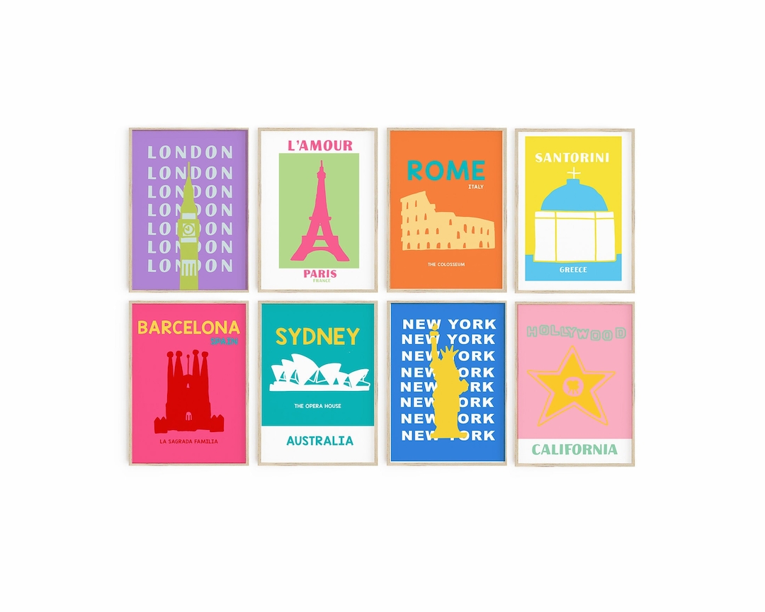 Preppy Poster Set, Travel Poster Set of 8, Maximalist Decor, Trendy ...
