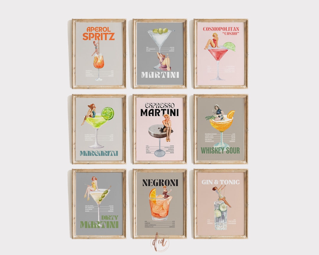Cocktail Print Set of 9 Retro Cocktail Collage Art Prints, Bar Cart Art ...