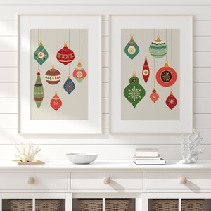 Retro Holiday Print Set of 2, Christmas Wall Art, Baubles Print, Mid ...