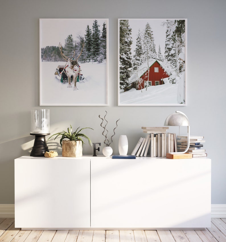 Set of 2 Winter Prints Christmas Decor Reindeer Poster Log Cabin Print ...