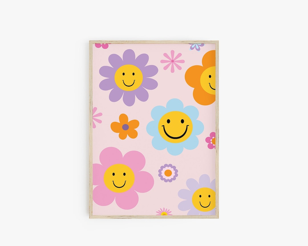 Retro Flower Art Print, Smiley Face Flowers, 70's Poster Print, Y2K ...