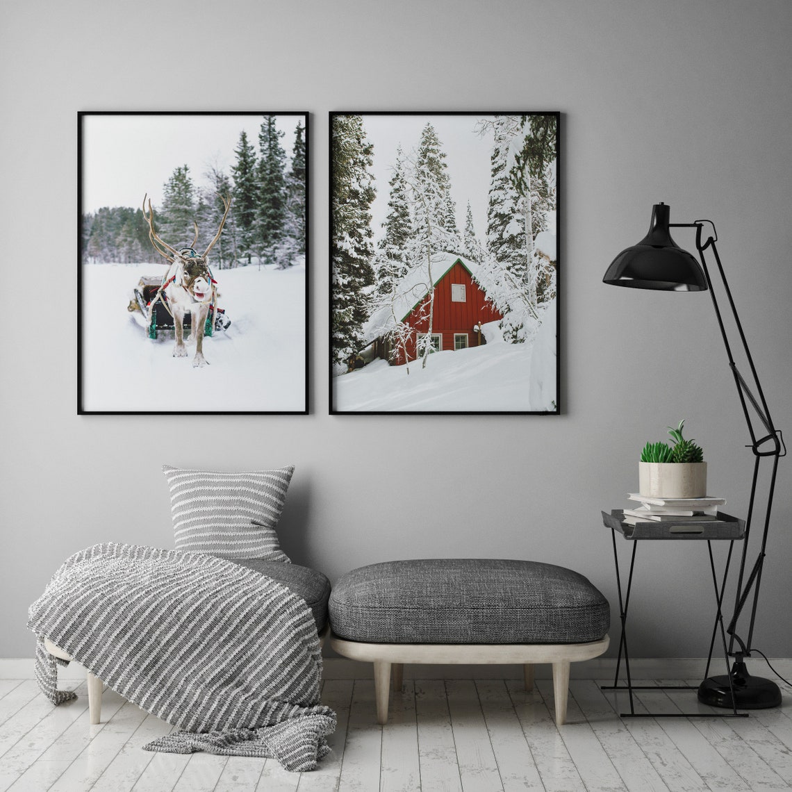 Set of 2 Winter Prints Christmas Decor Reindeer Poster Log Cabin Print ...