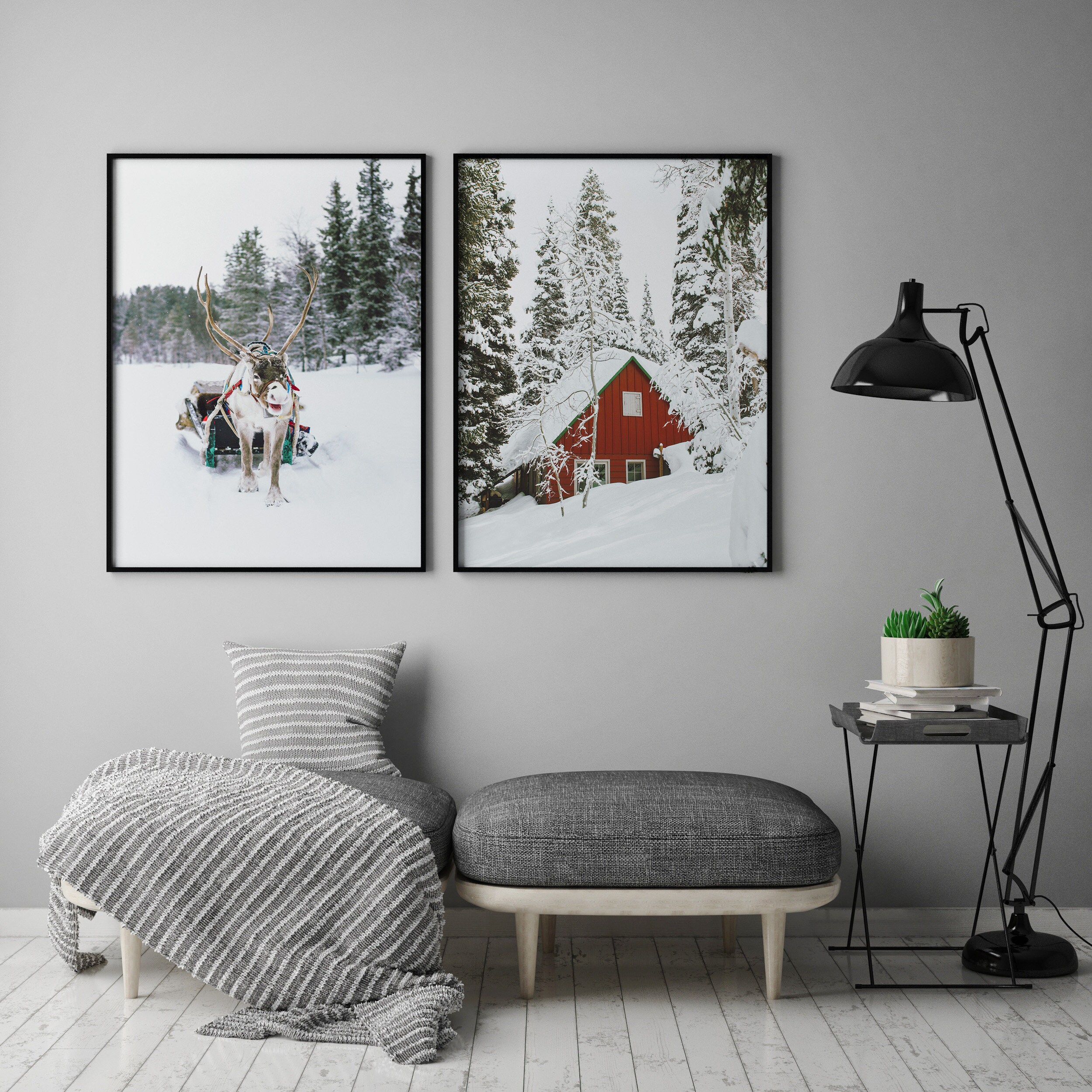 Set of 2 Winter Prints Christmas Decor Reindeer Poster Log Cabin Print ...