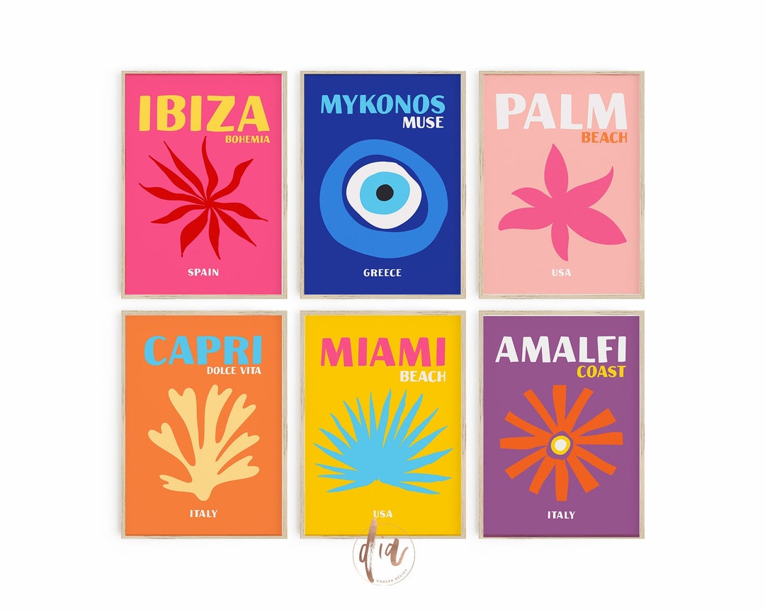 Preppy Room Decor, Travel Poster Set of 6, Maximalist Decor, Preppy ...