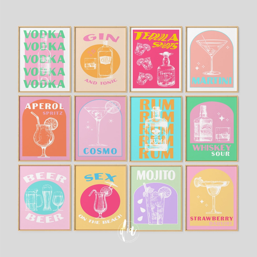 Cocktail Poster Set of 12, Preppy Room Decor, Colorful Bar Cart Prints ...