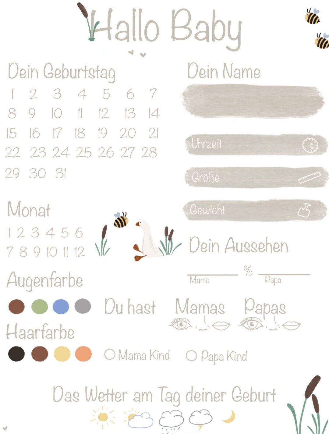 Ausfüllkarte Babyparty - Hallo Baby - Etsy.de