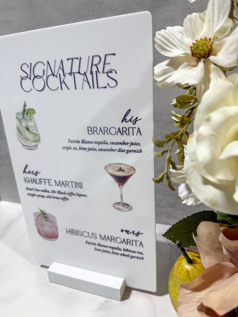 Watercolor Cocktail Drink Menu | Minimalist Acrylic Menu | Signature ...
