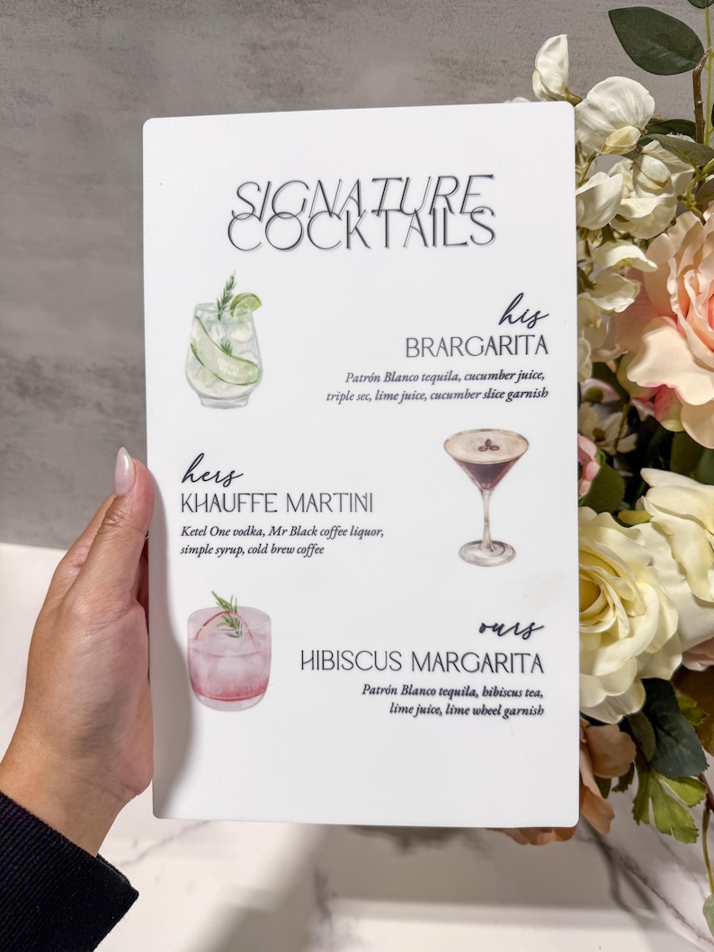 Watercolor Cocktail Drink Menu | Minimalist Acrylic Menu | Signature ...